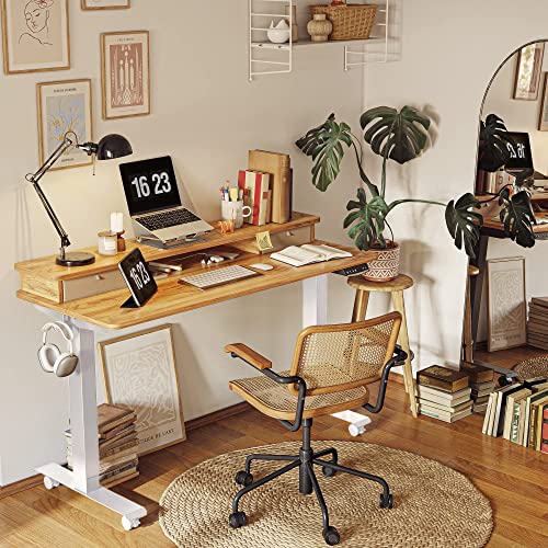 FEZIBO Height Adjustable Electric Standing Desk with Double Drawer, 40 x 24 Inch Stand Up Table with Storage Shelf, Sit Stand Desk with Splice Board, White Frame/Light Rustic Brown Top
