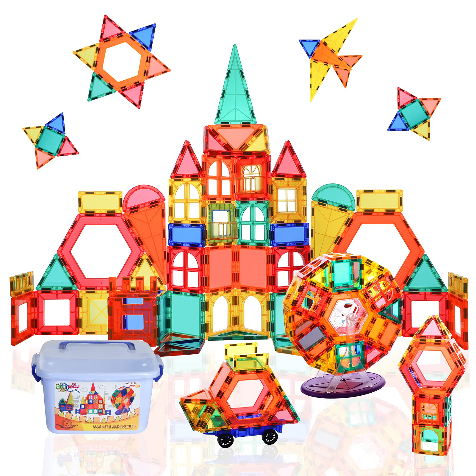 Gifts2U Magnetic Blocks, 96PCS Magnetic Tiles Building Set for Kids with Storage Box STEM Preschool Educational Construction Kit Magnet Stacking Toys Gifts for Boys and Girls