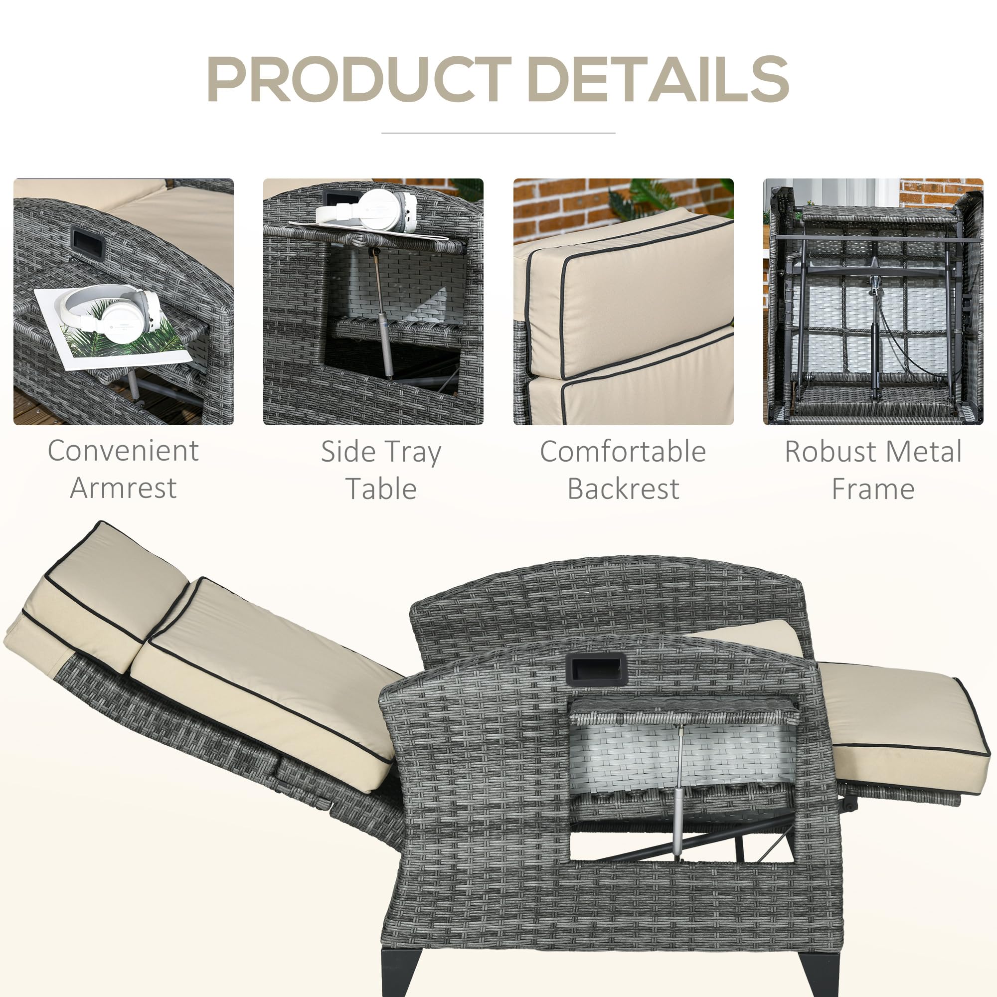 Outsunny Outdoor Recliner Chair with Cushions, PE Wicker Reclining Patio Lounge Chair with Adjustable Footrest, Armrests, Side Tray Table for Balcony, Porch, Khaki