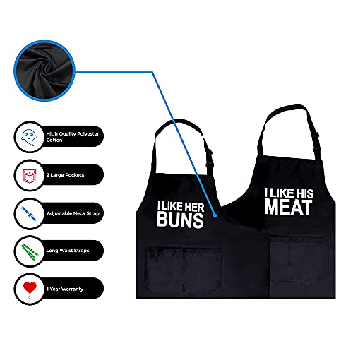 Funny Couple Aprons (2 Pack) & Gift Bag - I Like her Buns, I Like His Meat, Kitchen Couple Apron for Girlfriend, Boyfriend, Best Friend - Birthday, Engagement, Anniversary, Wedding Gift Idea - Forkit