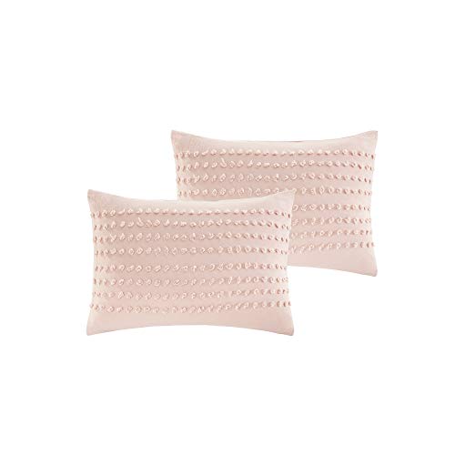 Comfort Spaces 100% Comforter Set Cotton Jacquard Pom Tufts Design Hypoallergenic Down Alternative, All Season Modern Bedding, Matching Shams, Full/Queen, Phillips, Blush