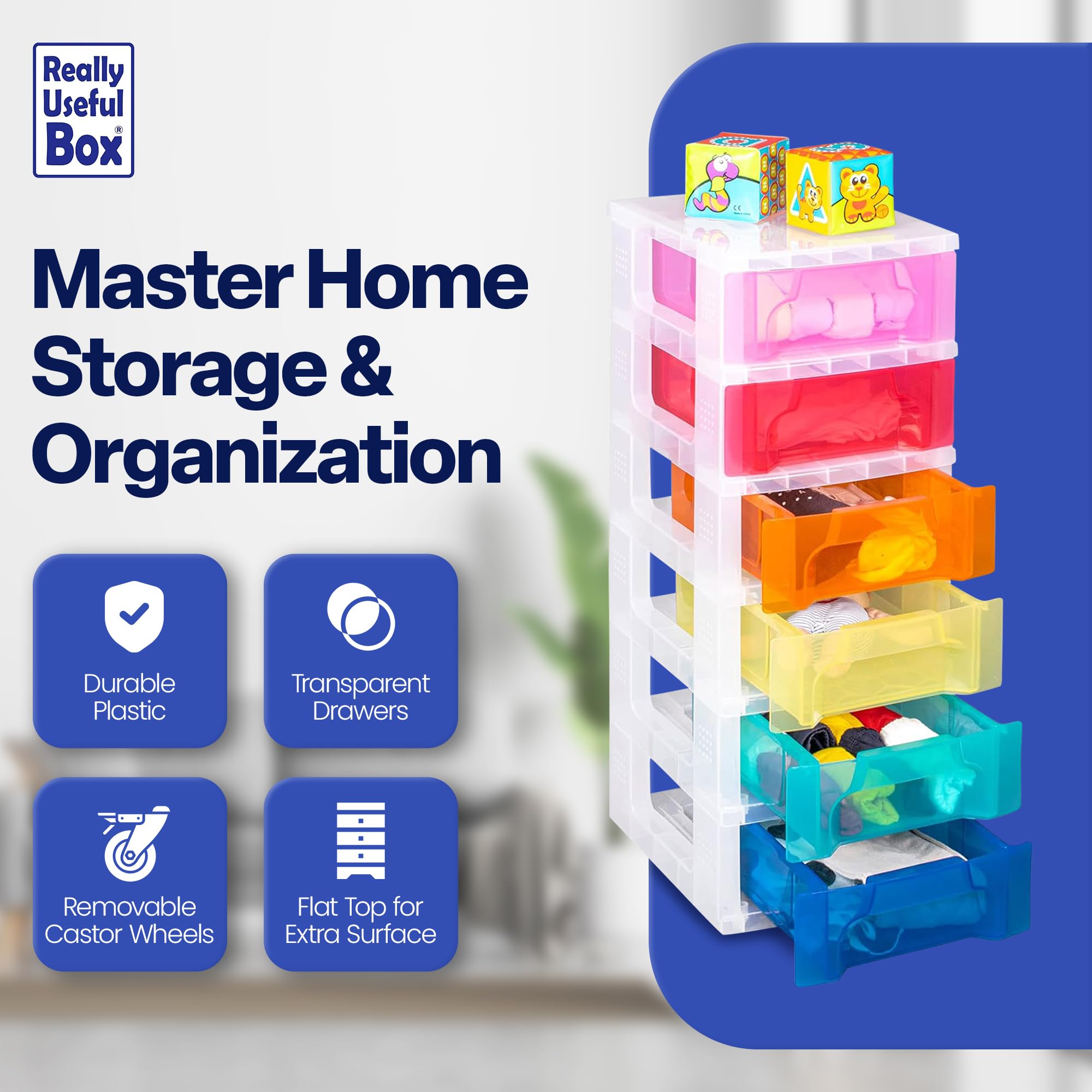 Really Useful Box 6-Drawer Cart Organizer, Plastic Storage Drawers, Home Storage Organizer with Removable Castor Wheels, Rainbow