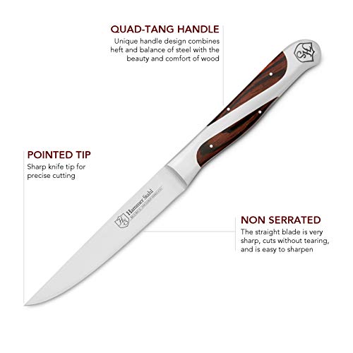 Hammer Stahl 4 Piece Steak Knife Set, 5-Inch - Non Serrated High Carbon German Steel - Ergonomic Quad-Tang Pakkawood Handle - Professional Balanced Cutlery