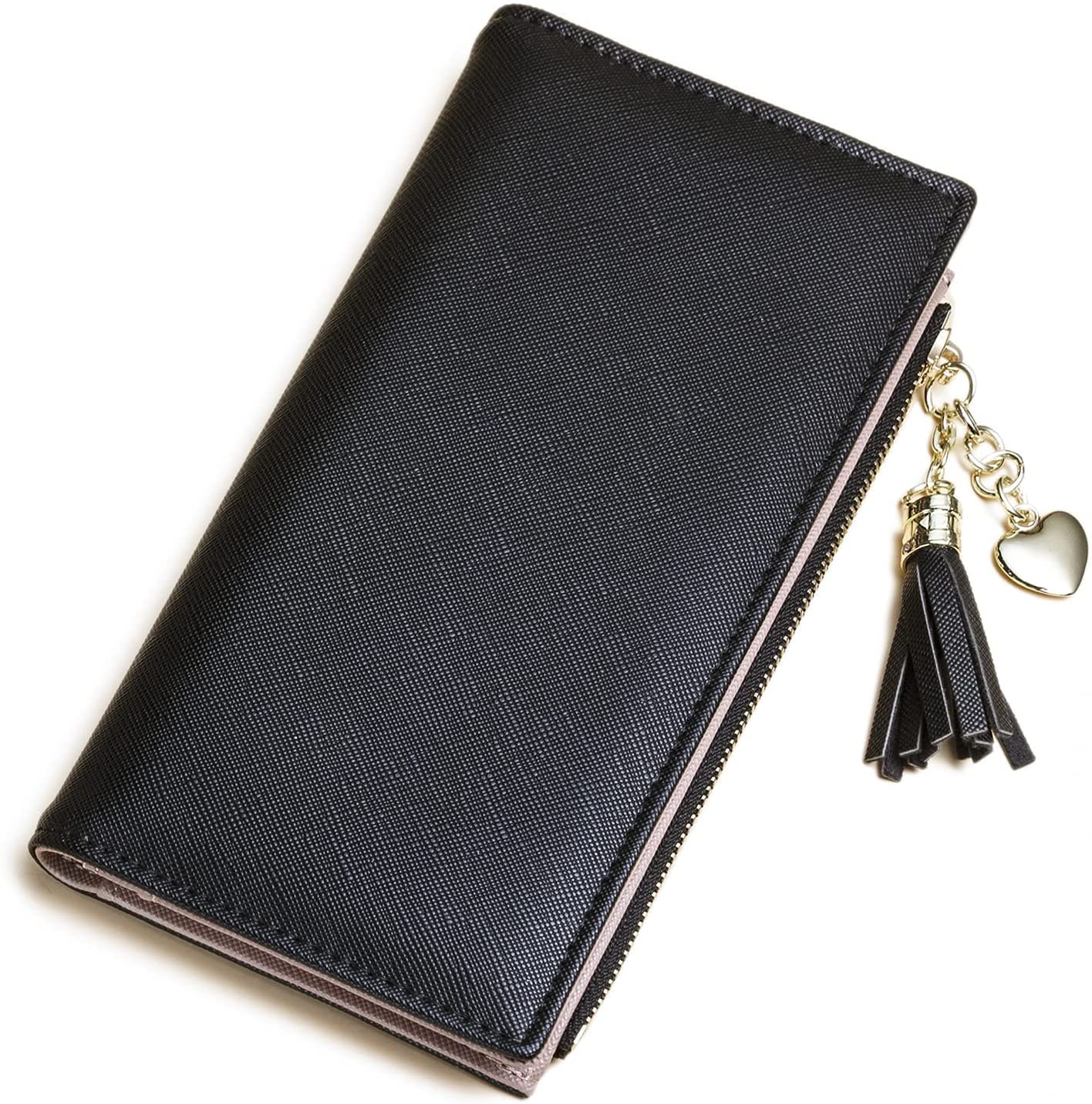 Meilib Wallet for Women Leather Cell Phone Case Holster Bag, Long Slim Credit Card Holder Cute Minimalist Coin Purse Thin Large Capacity Zip Clutch Handbag Wallet for Girls Ladies Black