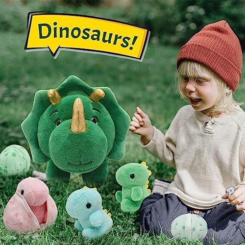 Ezuwail Triceratops Stuffed Animals with Babies, 7 Pack, 22 inch Dinosaur Plush Toys, Large Green Triceratops with 3 Eggs, 3 Baby Dino Plushie Inside