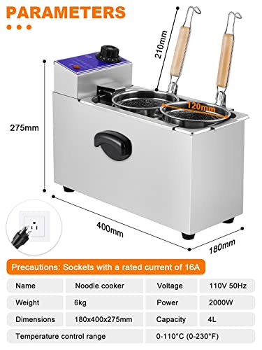 JIAWANSHUN Commercial Pasta Cooker Electric Noodle Cooker with 2 Baskets for Restaurant,Cooking Spaghetti Dumplings Vegetables,30-110℃ Temperature Adjustable 110V