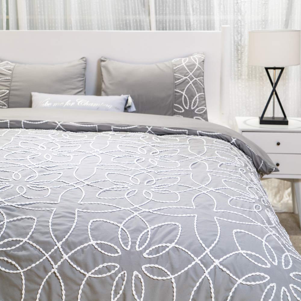 Duvet Cover 3 Piece Bedding Set Hotel Collection- King Size Gray White Rope Embroidered Ultra Soft Brushed Microfiber Comforter Cover with Zipper Closure and 2 Pillow Shams (Rope Embroidered, King)