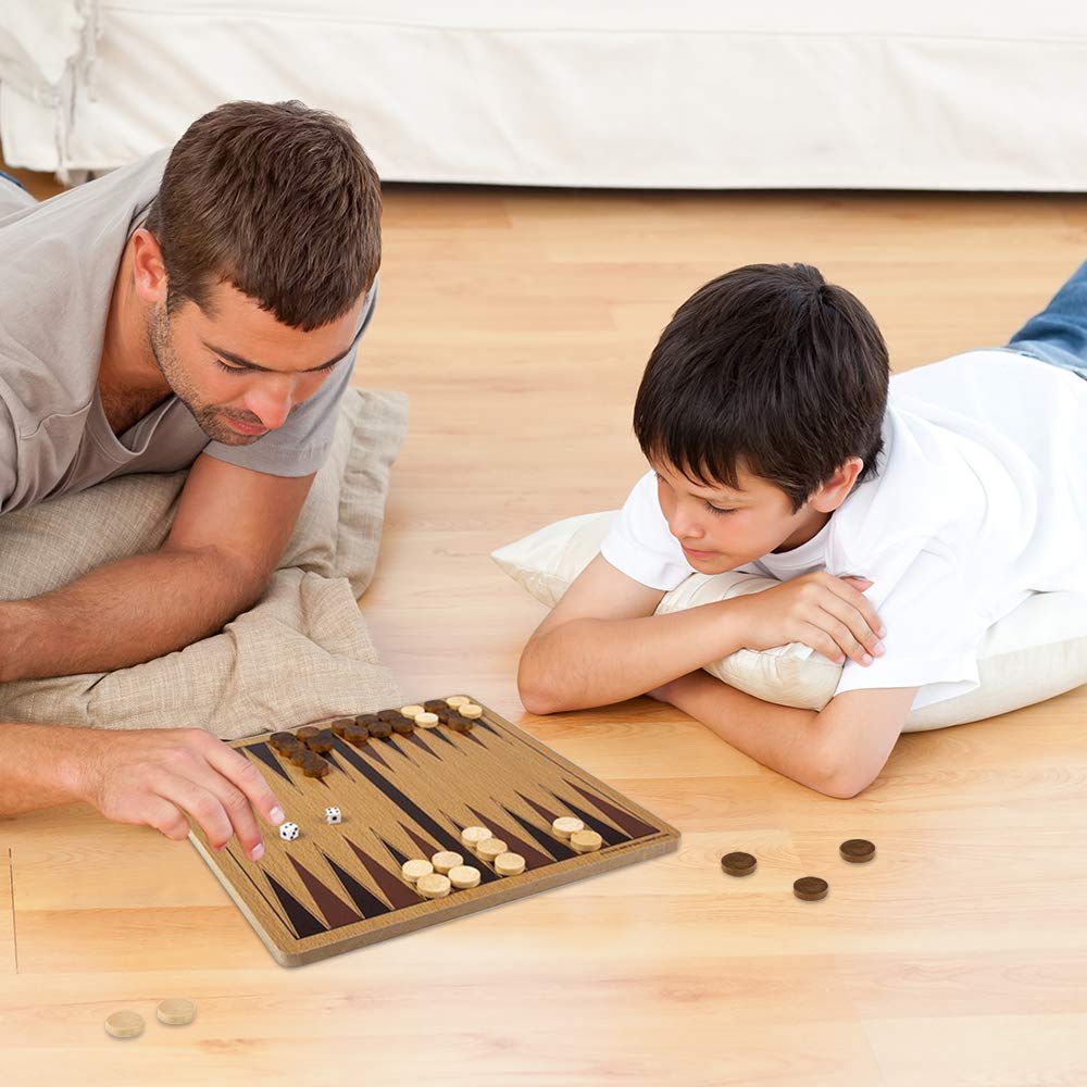 Gamie Wooden Backgammon Board Game Set, Includes Wood Board, 30 Game Pieces, and 2 Mini Dice, Classic Family Night Strategy Game, Great Gift for Kids and Adults