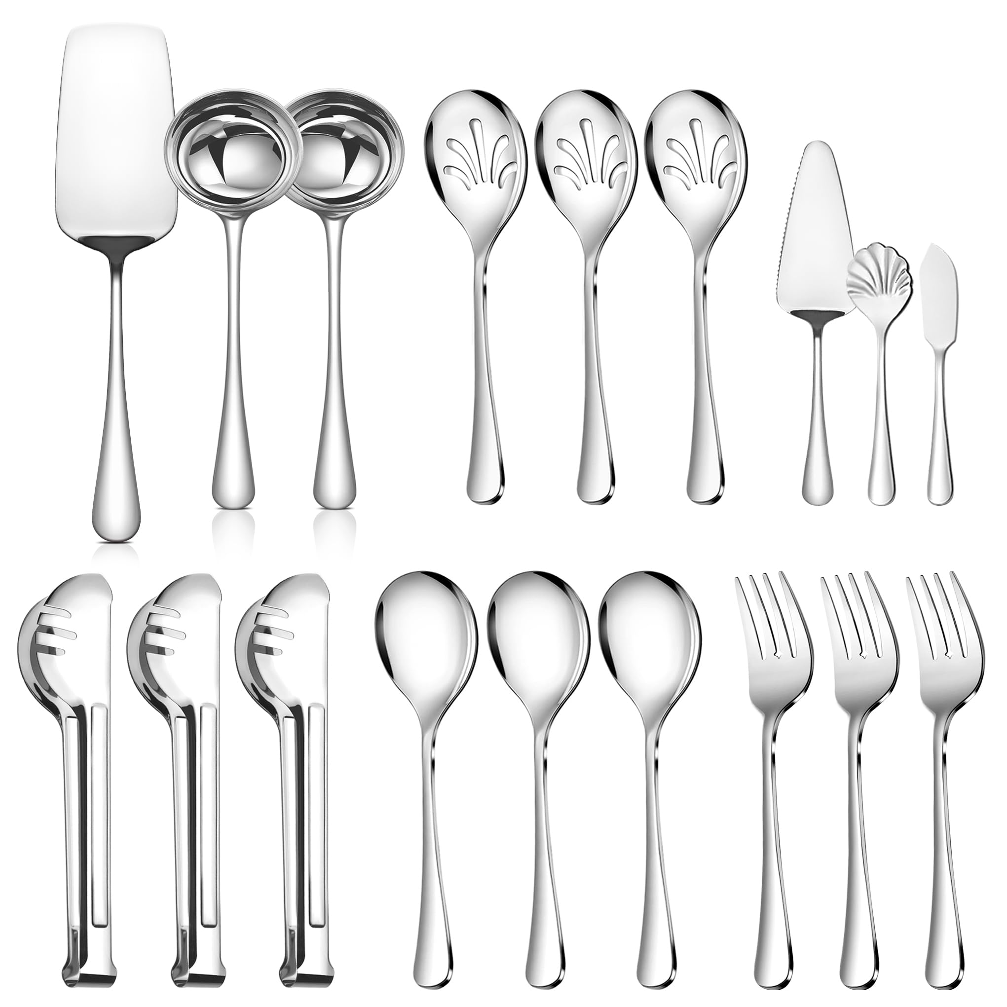 Teivio 18pcs Silver Stainless Steel Large Serving Utensils Set,Include Serving Spoons/Forks/Tongs,Slotted Spoons,Soup Ladles,Butter Knife,Sugar Spoon,Cake Server,Lasagna Server,for Buffet/Chafing Dish