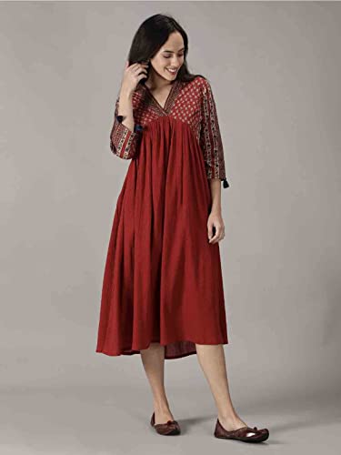 FIDOZA Women's Rayon Printed Anarkali Embroidery Kurti | Pakistani Style Rayon Printed Kurti For Women | Ready to wear (Maroon, S)