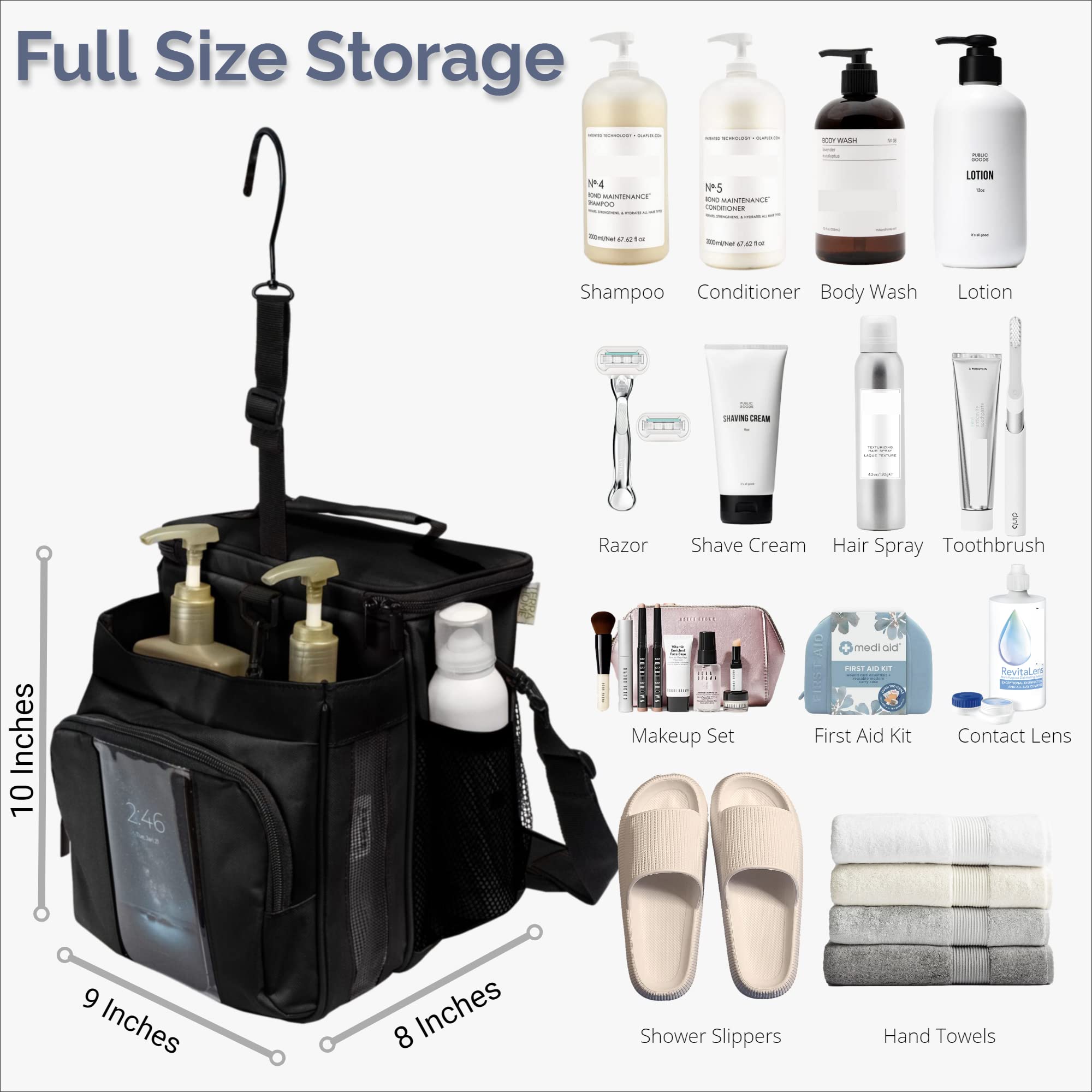 TERRA HOME Portable XL Shower Caddy Bag - College Dorm Room Essentials for Men, Women, Students - Foldable, Water Resistant with Hanging Keychain Hook and Shoulder Strap Shower Organizer Bag (Black)