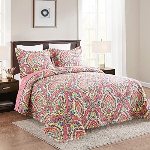 TWINRUN Boho 2 Quilt Sets King Size,Microfiber King Reversible Coverlets+Cotton Lightweight Quilted Bedspread Set