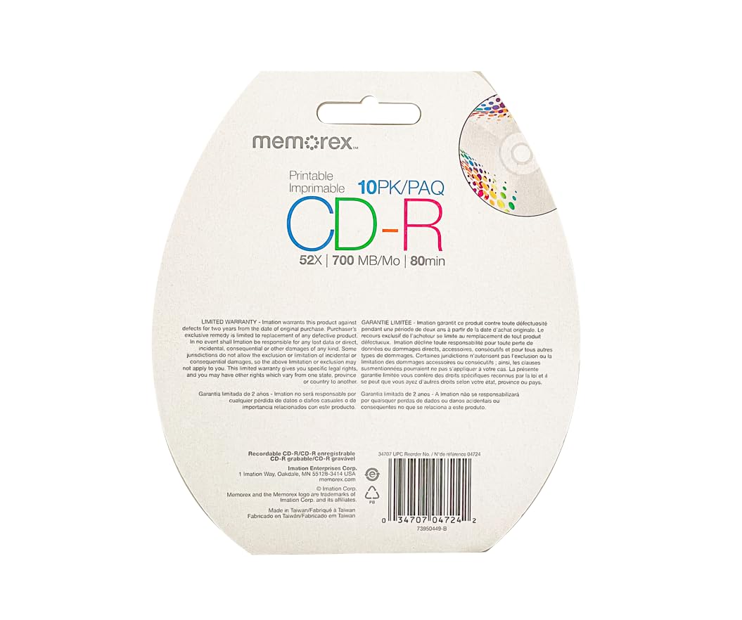 Memorex 52X Write-Once CD-r 80 with White Ink Jet Printable Surface