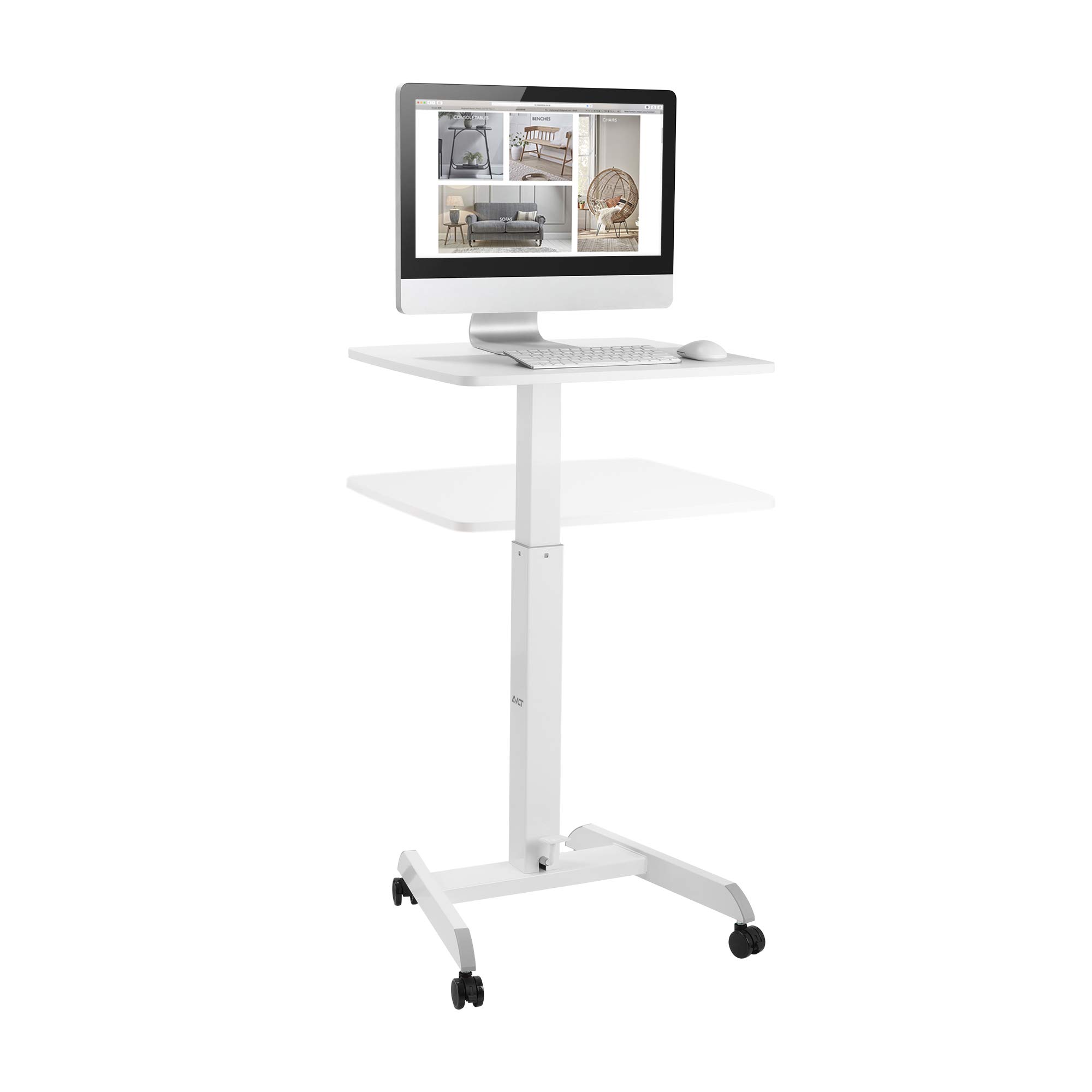 AVLT 44" Height Adjustable Foot Pedal Mobile Workstation (3 ft 8 inches) - Pneumatic Laptop Standing Desk Cart - Mobile Laptop Cart - White Computer Projector Cart with Brake Casters