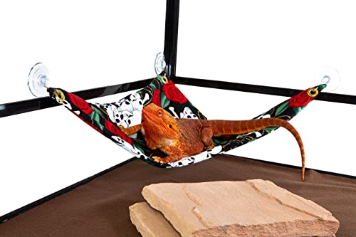 Hammock for Bearded Dragons, Skulls and Roses Fabric with Suction Cup Hooks