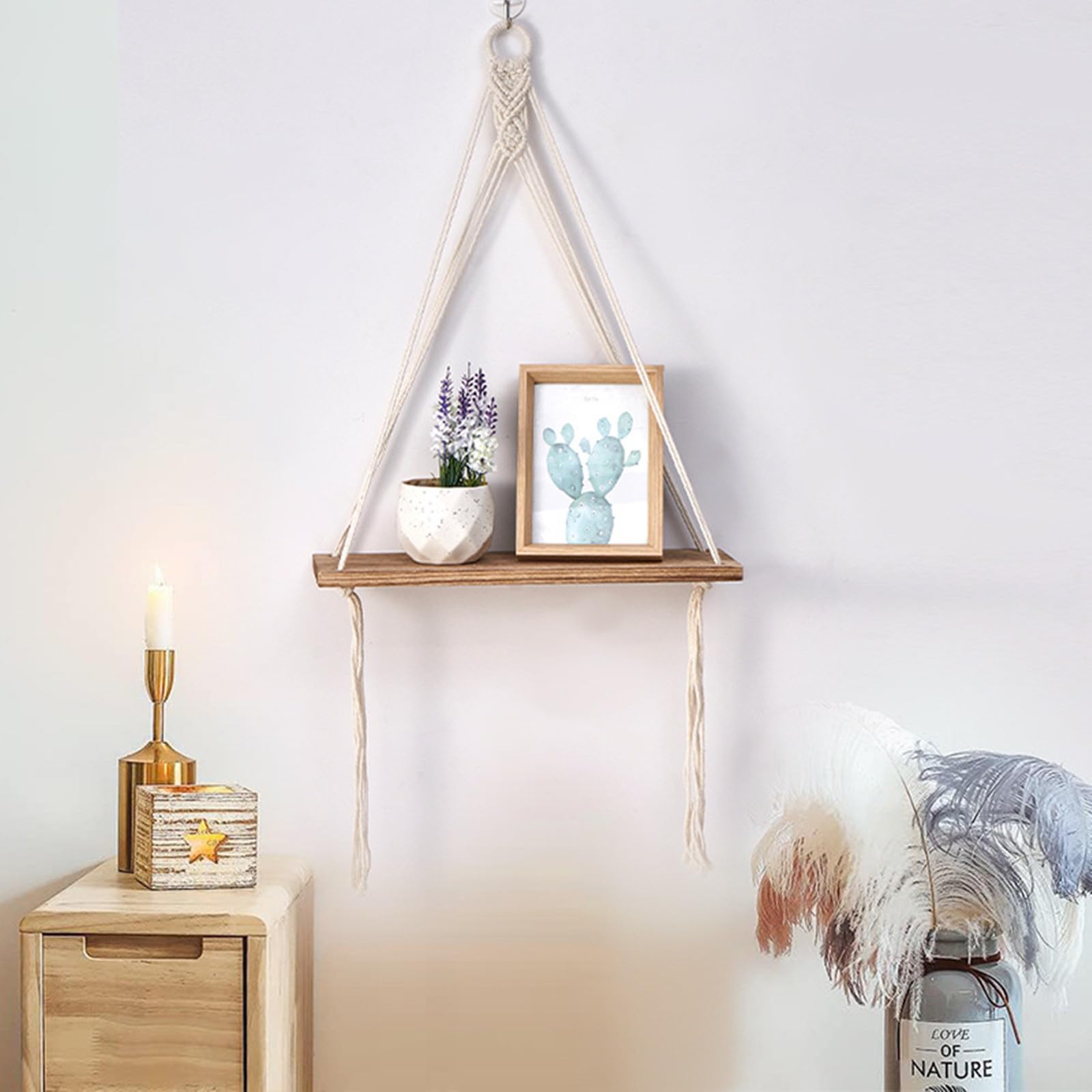 DD-life Macrame Rope Triangle Shelf Wooden Wall Hanging Shelves Macrame Hanging Shelf Farmhouse Rustic Modern Plant Aesthetic for Room Nursery Bathroom Living Room College Dorm Room