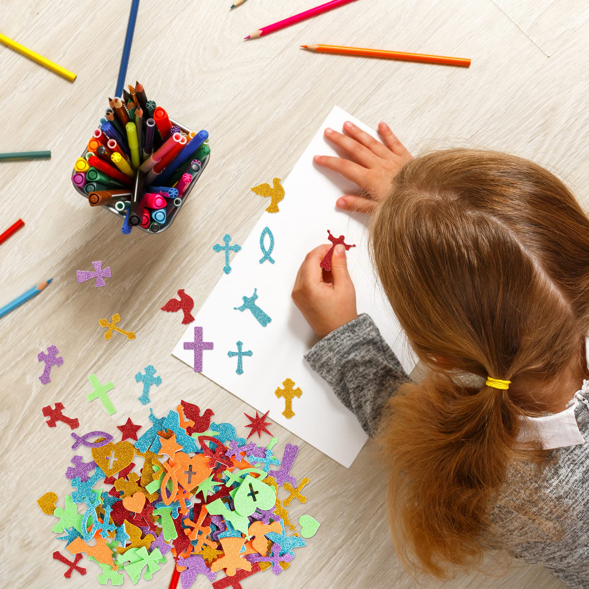 MALLMALL6 500pcs Christian Glitter Stickers Foam Self-Adhesive Bible Multi-Colour Art Craft Project Assorted Glittery Sticky Embellishments for Kids School Classroom Activity Home Party Decoration