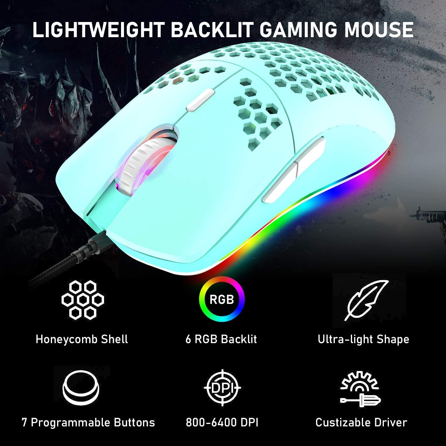 Gaming Keyboard and Mouse,3 in 1 Blue LED Backlit Wired Mechanical Keyboard Black Switch,RGB 6400 DPI Lightweight Gaming Mouse with Honeycomb Shell,Gaming Mouse Pad for PC Gamers(Macaron Green)