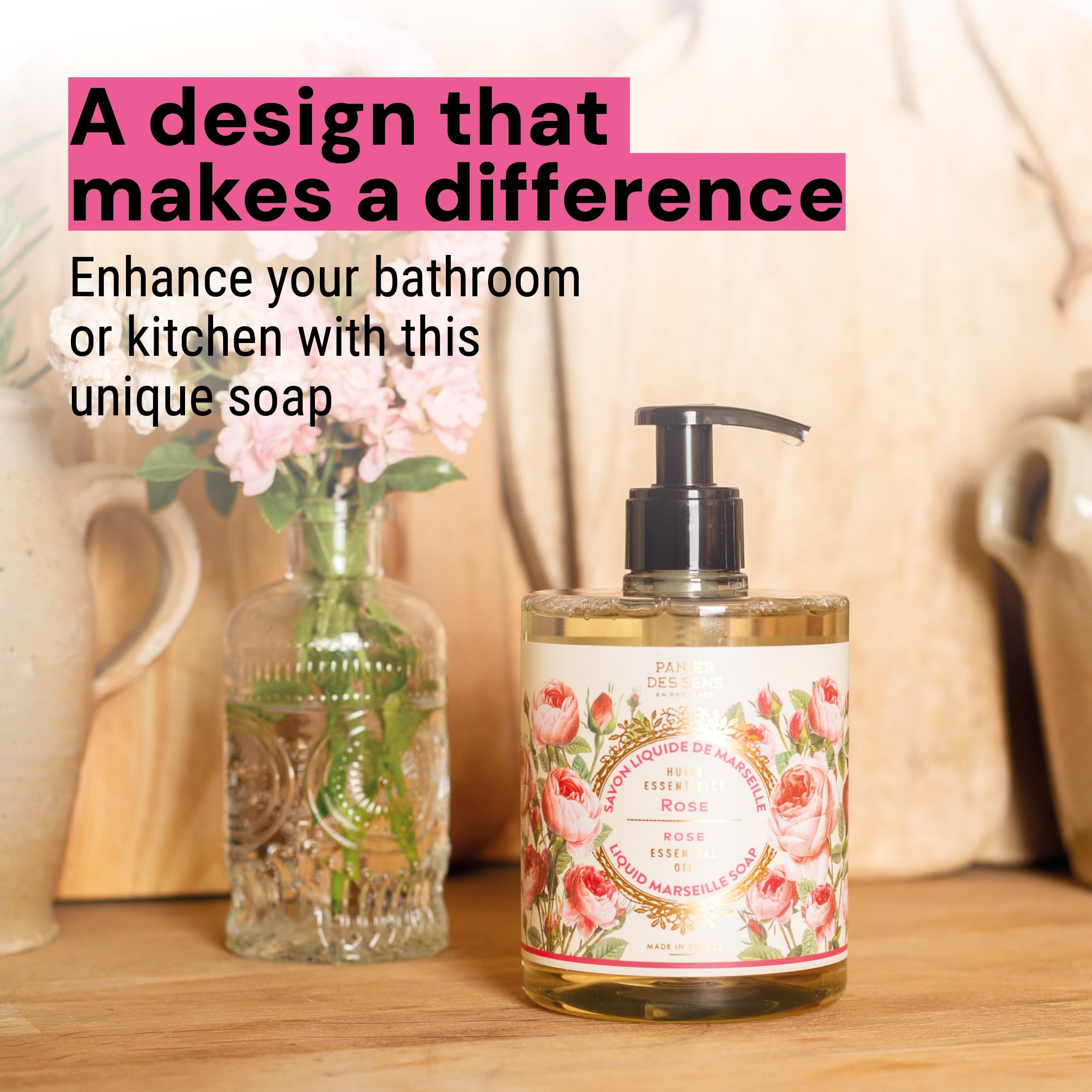 Panier des Sens - Liquid Hand Soap - Rose Hand Wash - French Marseille Moisturizing Hand Soap with Coconut Oil - Refillable Kitchen & Bathroom Hand Soap - 97% Natural Ingredients -16.9 Fl.oz
