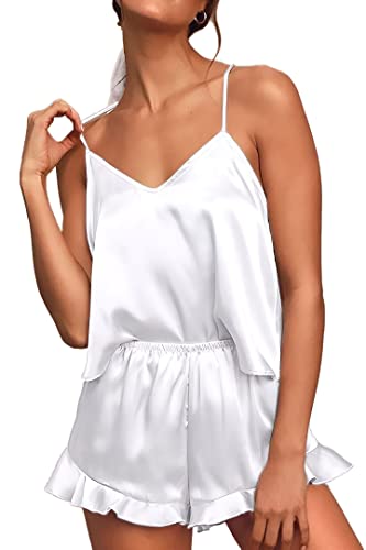 FOSHPOT Silk Pajamas for Women S-4XL Plus Size Satin Pajamas Women with Cami Top Ruffle Shorts Pjs Sets Bridal Gifts White