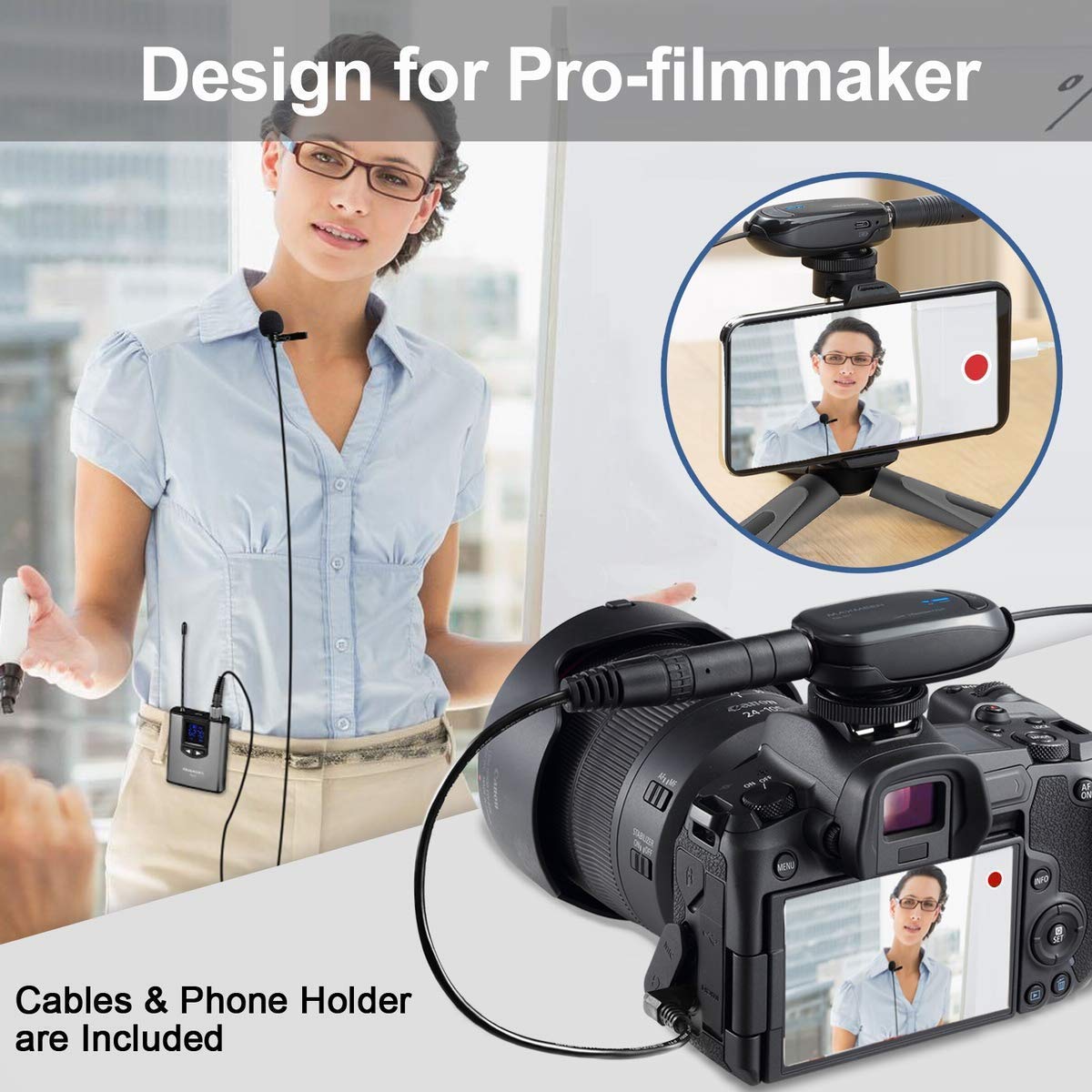 Alvoxcon Wireless Headset Lavalier Microphone System with Phone Holder Wireless Lapel Mic for iPhone, DSLR Camera, PA Speaker, YouTube, Zoom, Podcast, Video Recording, Conference, Vlog. with stand