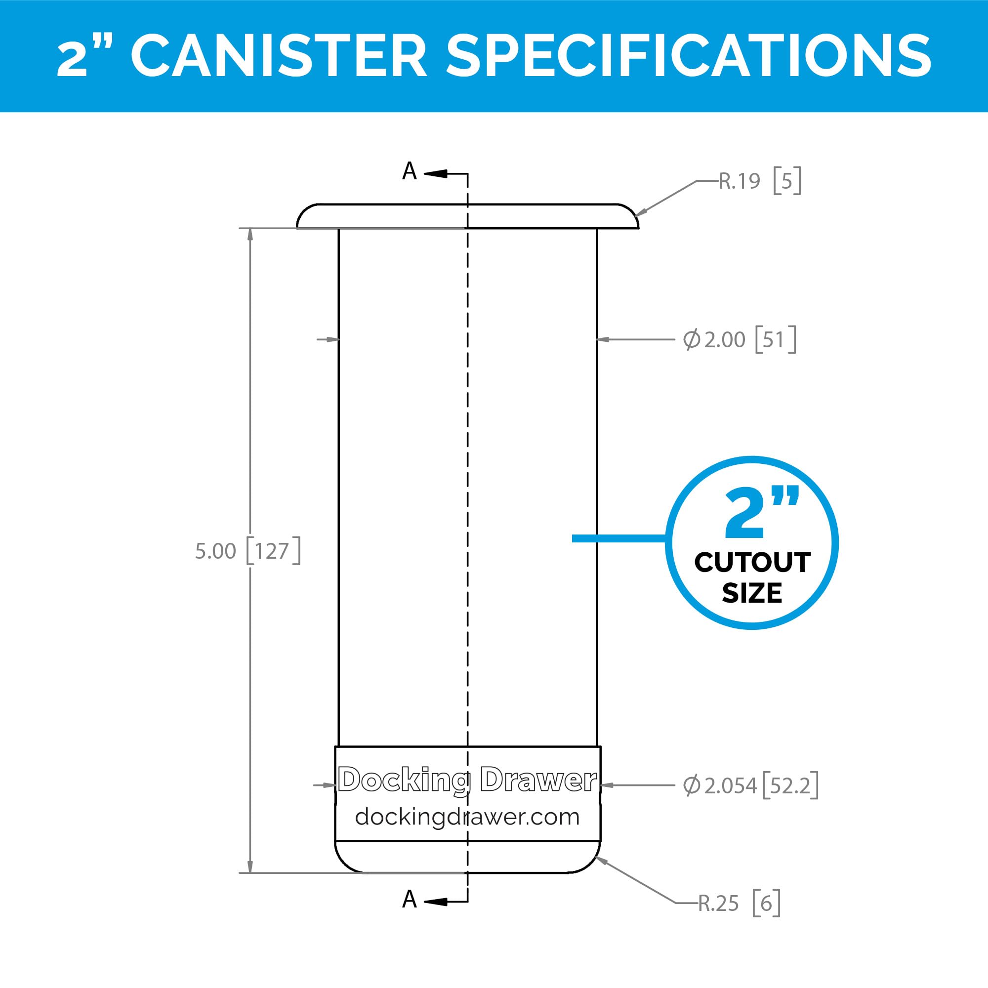 Docking Drawer 2.0" Canister for Hot Tools, Hair Dryer, Curling Iron, and Flat Iron Holder Tube RIng Capped Stainless Steel