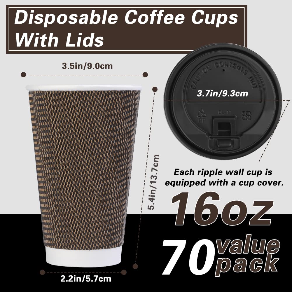 BALDCC 16 oz Disposable Coffee Cups with Lids,70 Set Wall Paper Cup, Three Layer Insulated Coffee Cups with Lids More Suitable for Hot Drinks Such as Coffee, Tea or Hot Chocolate