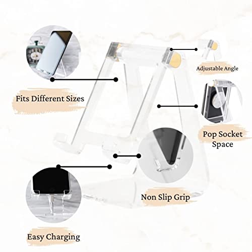 ELLÁRI - Phone Stand for Office Desk Adjustable Angle Clear Acrylic Compatible with Loopycases, Popsockets, All Kickstands, Kindle, Small Tablets, iPhone, Samsung, LG, Google