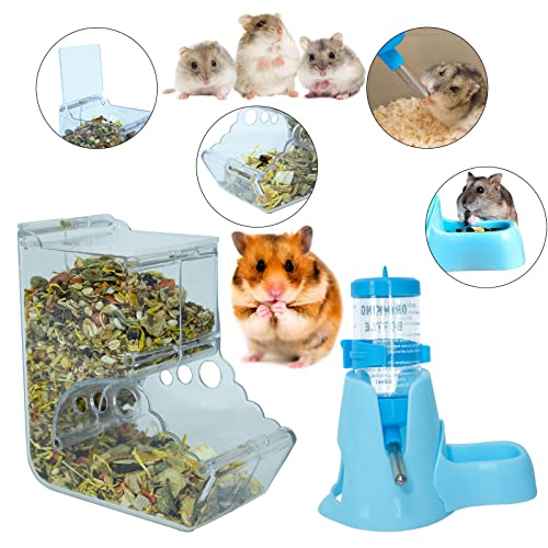 Hamster Automatic Feeder Dispenser for Small Animal Rhamster Ferret Bunny Rabbit Pig Hedgehog Bird Feed Pets, Mini Auto Food Feeding Cage Water Bowl for Vacation(1pcs Feeder+1pcs Water Bowl(Blue)