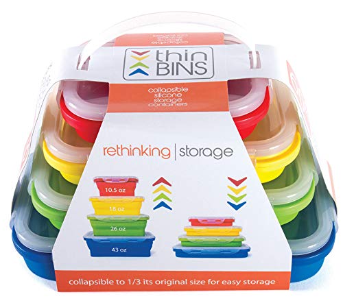 Kitchen + Home Thin Bins Collapsible Containers โ Set of 4 Rectangle Silicone Food Storage Containers โ BPA Free, Microwave, Dishwasher and Freezer Safe