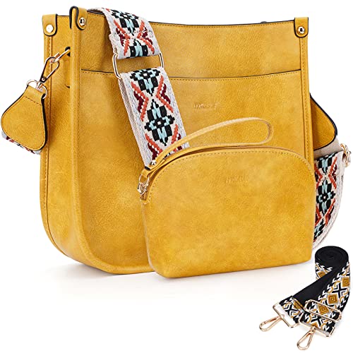 HKCLUF Crossbody Bag Purse for Women Set Leather Hobo Handbag Purse and Wallet Set With 2PCS Adjustable Guitar Leopard Strap Crossbody Bag(Yellow)