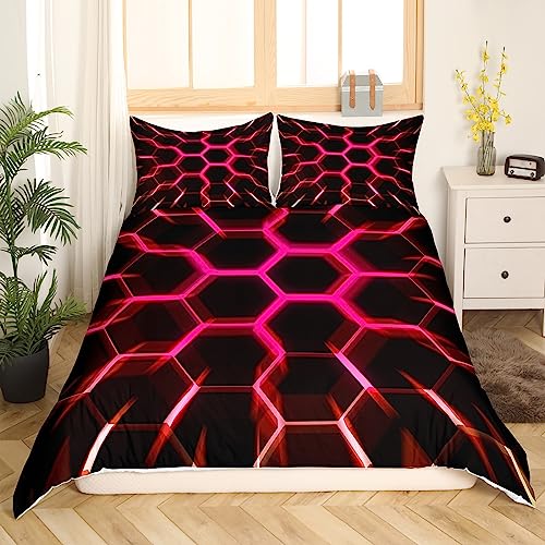 Erosebridal Honeycomb Bedding Set for Girls,Red Pink 3D Beehive Comforter Cover,Geometric Hexagon Duvet Cover,Glowing Glitter Neon Lights Bed Sets Full Chic Simplistic Style Bedroom Decor Black