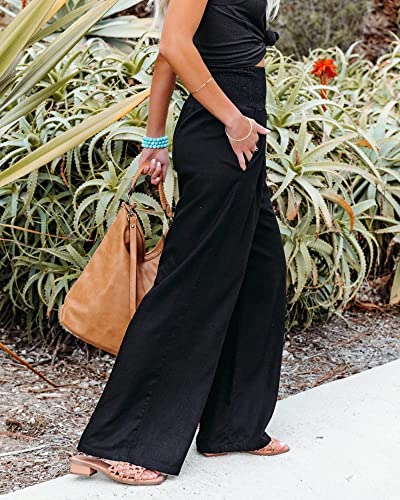 ERTUPE Women's Linen Palazzo Pants Boho Wide Leg High Waist Lounge Pant Elastic Casual Loose Solid Trousers with Pockets A-Black
