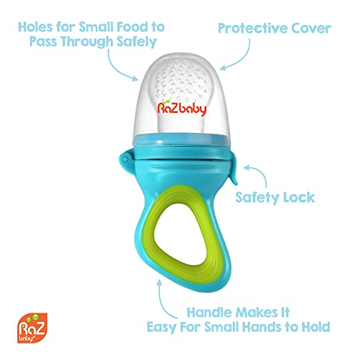 RaZbaby Baby Solids/Frozen Fruit Feeder Pacifier, Infant Teether Toy 6M+, BPA-Free Silicone Pouch & Nipple, Safely Introduce Solids, Teething Relief, Dishwasher Safe, 2-Pack β Orange/Blue + Green/Blue