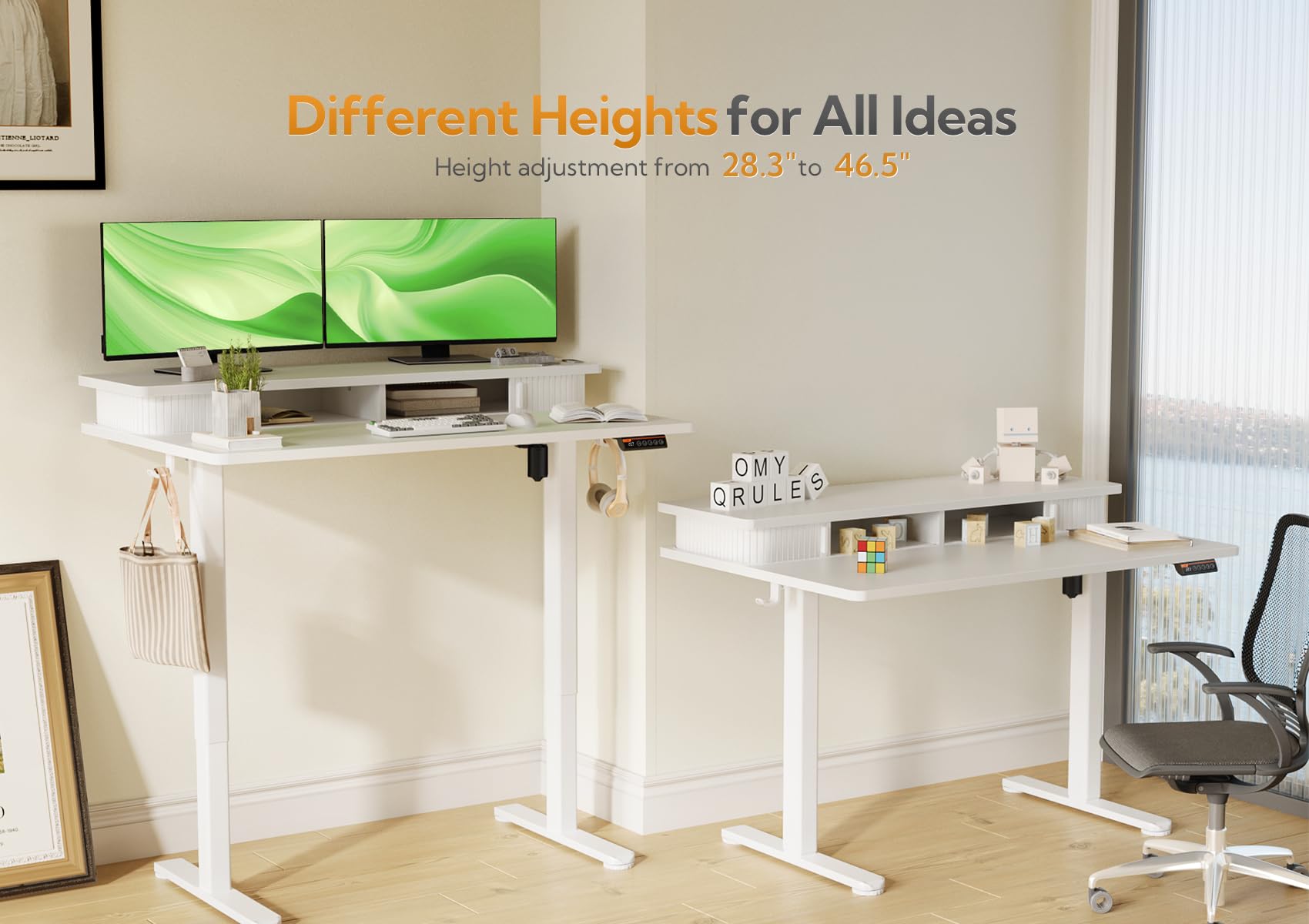 Claiks Standing Desk with Roller Shutter Door, Electric Standing Desk Adjustable Height, Adjustable Standing Desk with Storage Shelves, 48 Inch White