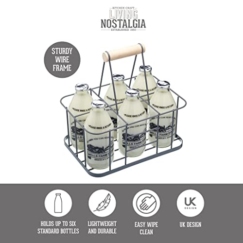 Kitchen Craft Living Nostalgia Milk Bottle Holder Doorstep, Milk Crate, Wire Metal with Wooden Handle, 29 x 20 x 13cm, Grey