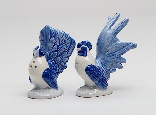 Fine Ceramic Dutch Blue Country Farmhouse Rooster & Hen Salt & Pepper Shakers Set, 3-1/2" H