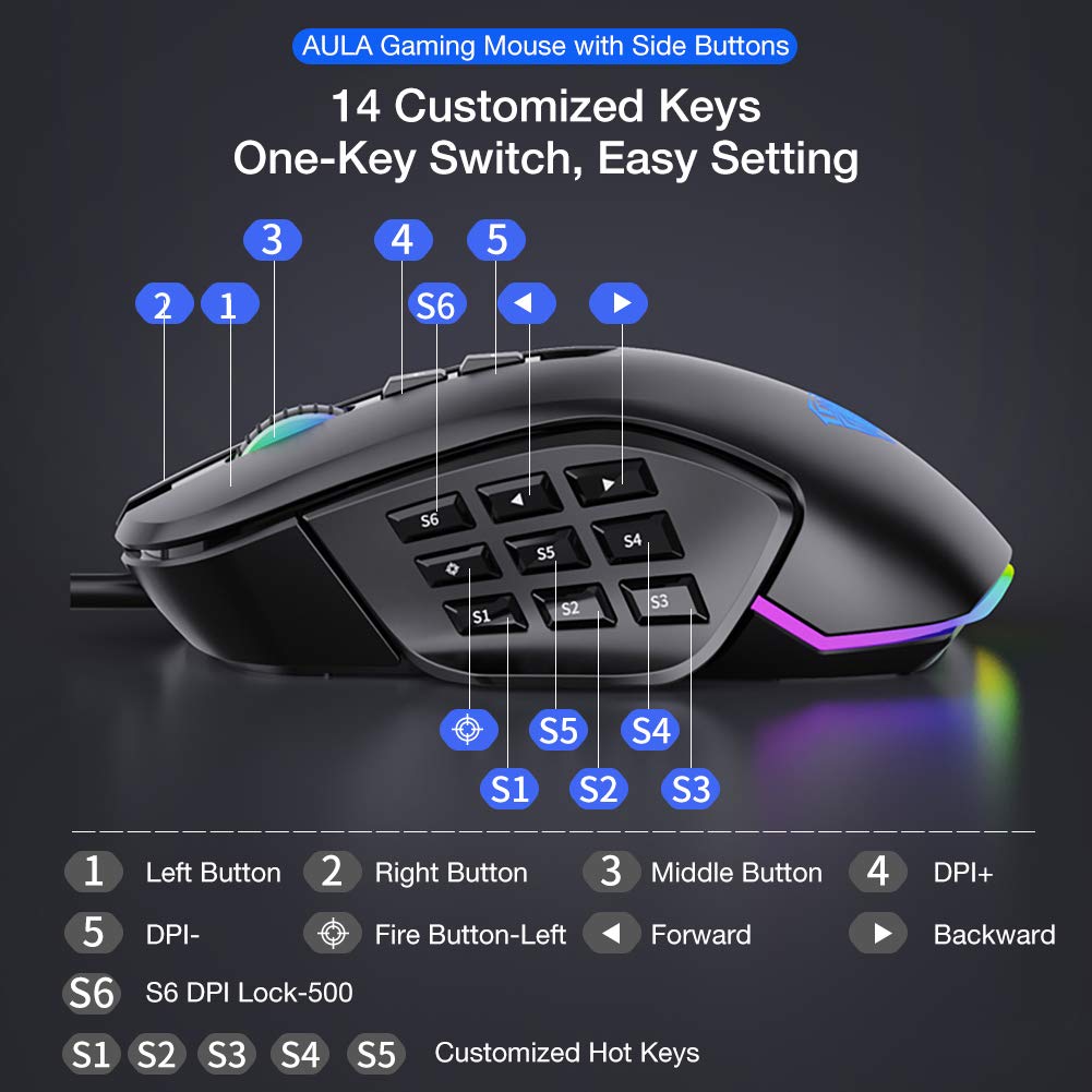 AULA H510 MMO Gaming Mouse with 9 Side Buttons, 10,000 DPI, RGB Backlit Ergonomic Office Games USB Wired Computer Mice, White