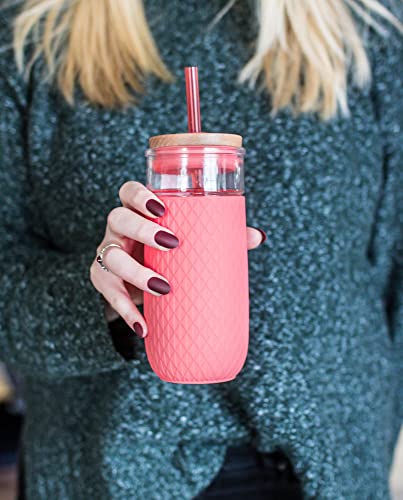 Ello Devon Glass Tumbler with Splash Proof Wooden Lid and Straw, Protective No Sweat Silicone Sleeve, Perfect for Smoothies and Iced Coffee, BPA Free, Dishwasher Safe, Multicolor, 18oz