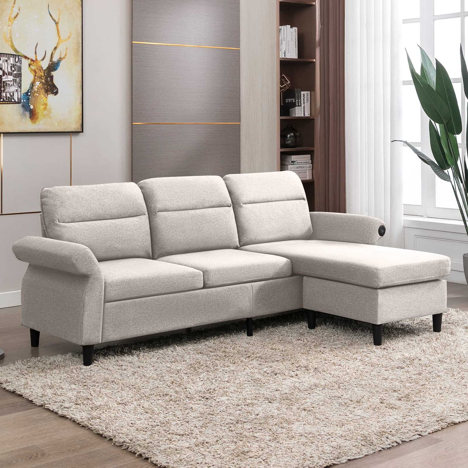 Mjkone 86" Convertible Sectional Sofa Couch, 3 Seat Sofas with 2 USB Ports and Adjustable Armrest, L Shaped Couch with Reversible Chaise, Couches for Living Room Apartment Office - Beige