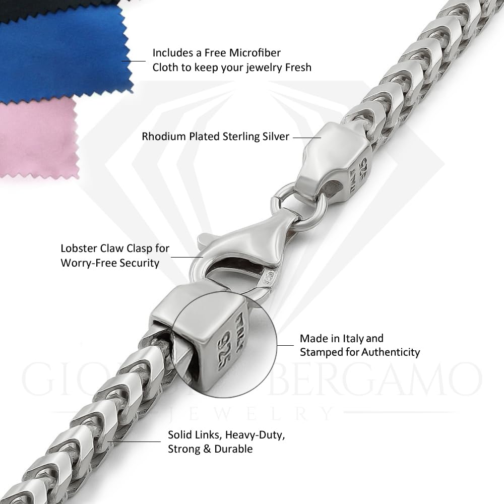 Giorgio Bergamo 925 Italian Sterling Silver 3mm Solid Franco Chain, Rhodium Plated Square Box Link Necklace, (24)