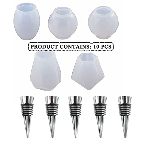 JOFAVIU 10 Pcs Resin Wine Bottle Stoppers Molds Set, Wine Stopper Silicone Molds for Epoxy Resin, Stopper Epoxy Resin Silicone Molds Set Kits (5 Molds with 5 Stoppers)