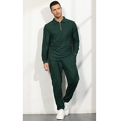 Aulemen Men's 2 Piece Tracksuits Outfits-Casual Long Sleeve Zip Polo Sweatsuits Set For Men Green XL