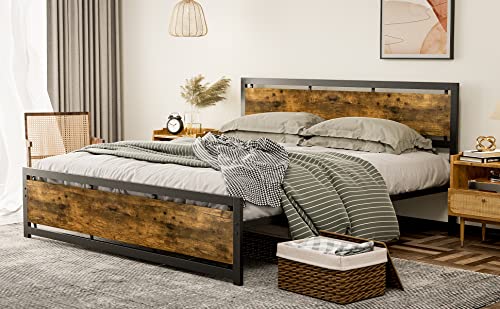 IKIFLY Industrial Metal King Size Bed Frame/Farmhouse Metal Platform Bed with Wooden Headboard Footboard/Heavy Duty Steel Slats Support/No Box Spring Need, Easy Assembly(King, Rustic Brown)