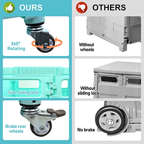 Foldable Utility Cart,Heavy Duty 4 Wheels Rolling Carts,Collapsible Crate Shopping Cart with Wheels Rolling Tote Basket Teacher Cart with Lid,Travel Shopping Moving Storage Office Use(Green)