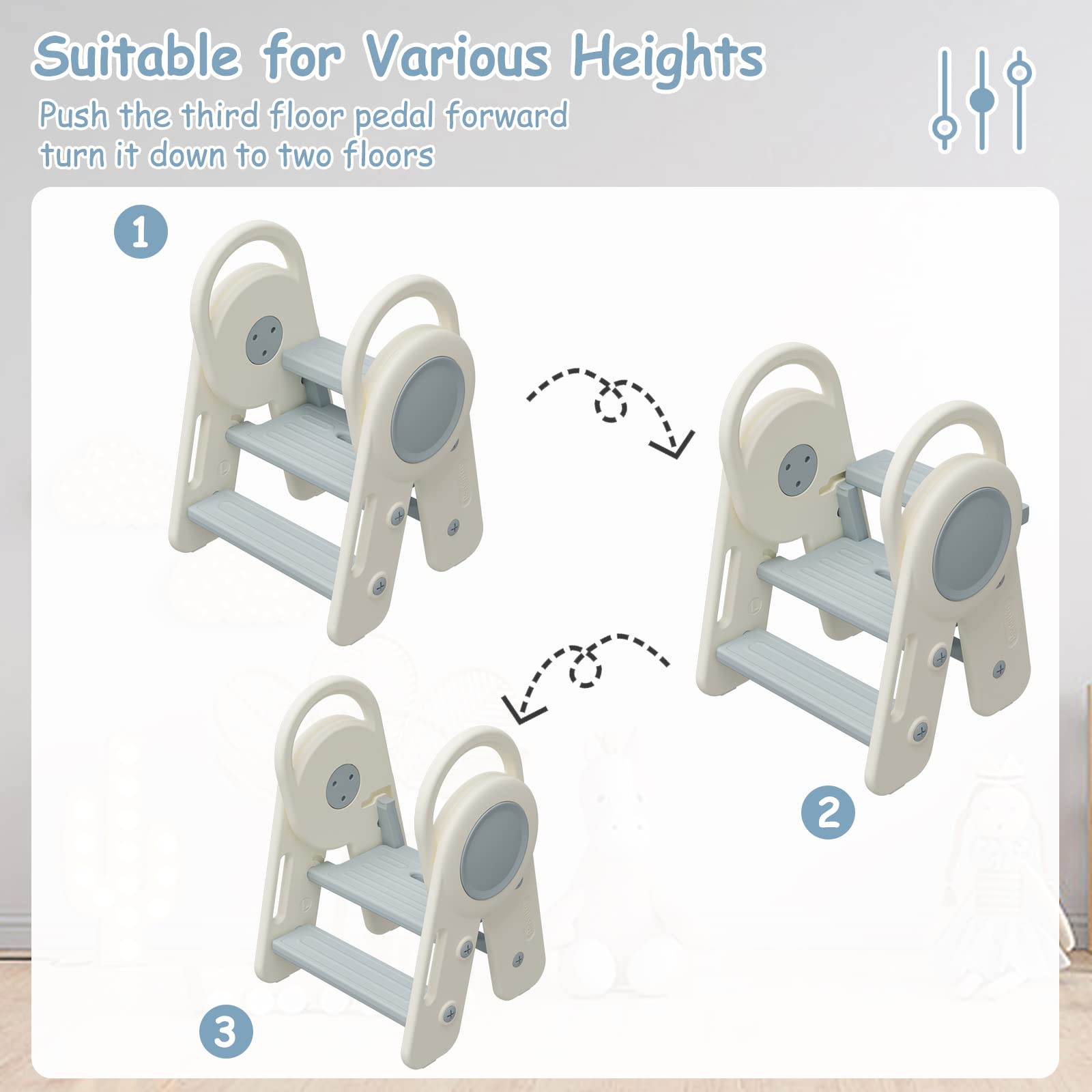 Benarita Step Stool for Toddler 3 Step Stool, Kids Foldable Step Stool for Bathroom Sink, Kitchen Counter Standing Tower, Step Ladder with Handles and Non-Slip Pads for Toilet Potty Training,Blue