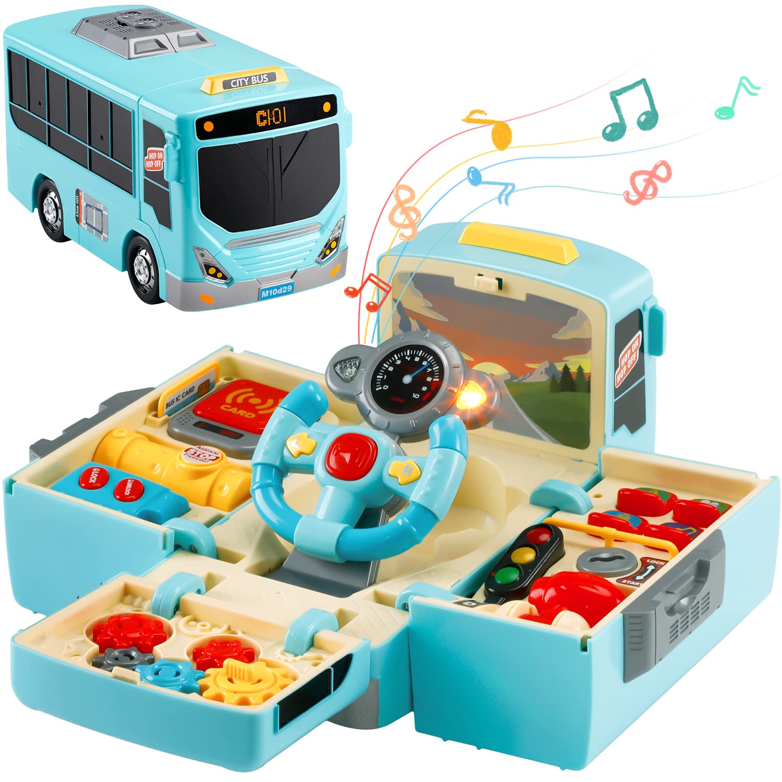 Joyibay Car Toy Bus for Toddlers - Simulation Steering Wheel School Bus Toys for Kids Educational Bus Driving Toy Musical Bus Transport Play Vehicles for Birthday and Easter Gift