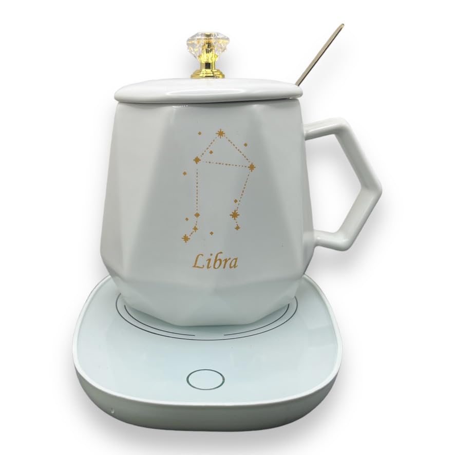 RedRoko Zodiac Sign Star Self Heating Coffee Mug - Astrology Coffee Mugs, Constellation, Astrology Zodiac Signs, Coffee Warmer Mug, Ceramic Coffee Mug with Hot Plate, Spoon & Lid - Libra - White