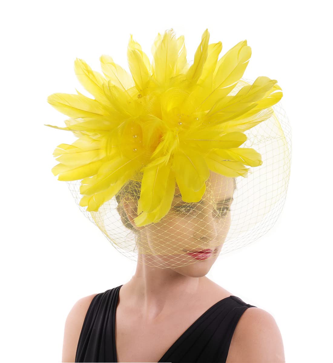 Lucky Leaf Girl Lady Hat Headwear Organza Church Feather Clip Fascinators Hat Wedding Party Kentucky Derby Cap for Women (Large Feather Yellow), Medium