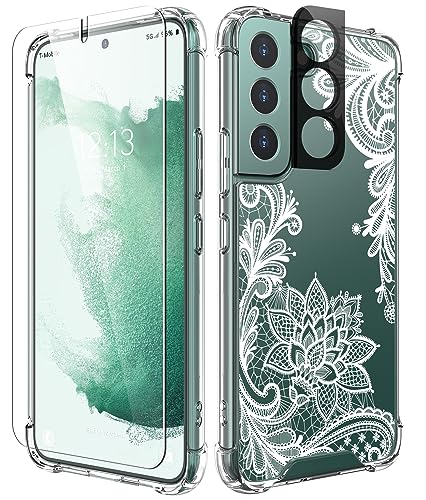 Cutebe [3 in 1 Cute Clear Case for Samsung Galaxy S22 6.1 Inch 2022 Released, Shockproof Series Protective Cover with Screen Protector and Camera Lens Protector for Women, Girls